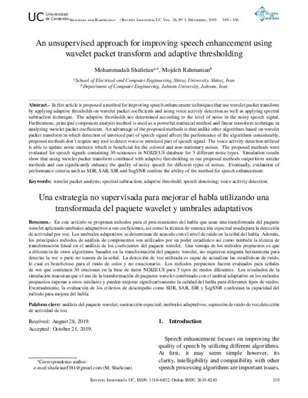 Pdf An Unsupervised Approach For Improving Speech Enhancement Using Wavelet Packet Transform