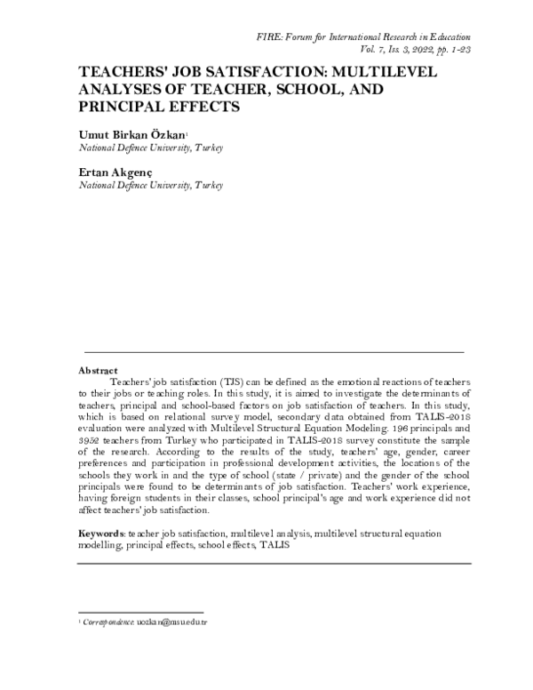 (PDF) Teachers' Job Satisfaction: Multilevel Analyses of Teacher, School, and Principal Effects