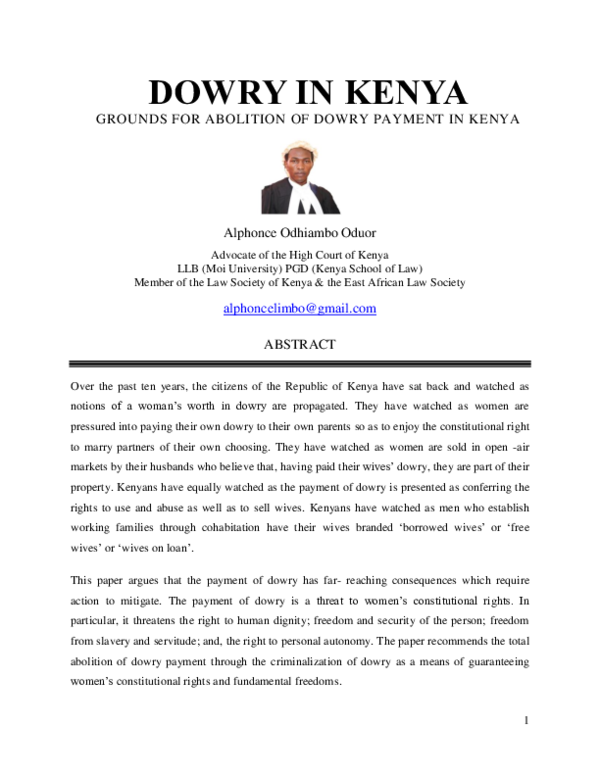 (PDF) DOWRY PAYMENT IN KENYA: GROUNDS FOR ABOLITION OF DOWRY PAYMENT IN ...