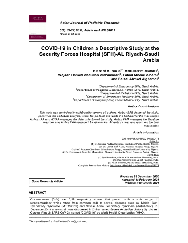 (PDF) COVID-19 in Children a Descriptive Study at the Security Forces ...