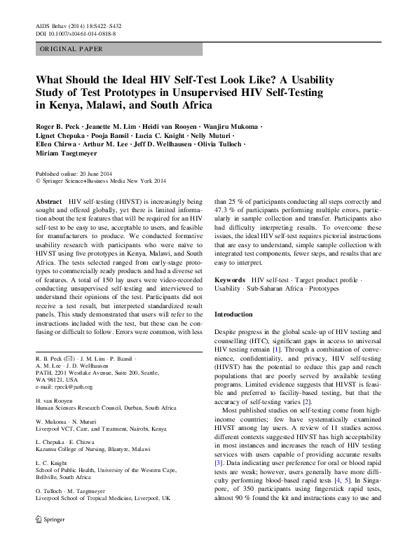(PDF) What Should the Ideal HIV Self-Test Look Like? A Usability Study ...
