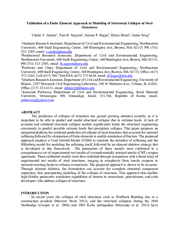 (PDF) Validation of a Finite Element Approach to Modeling of Structural Collapse of Steel Structures