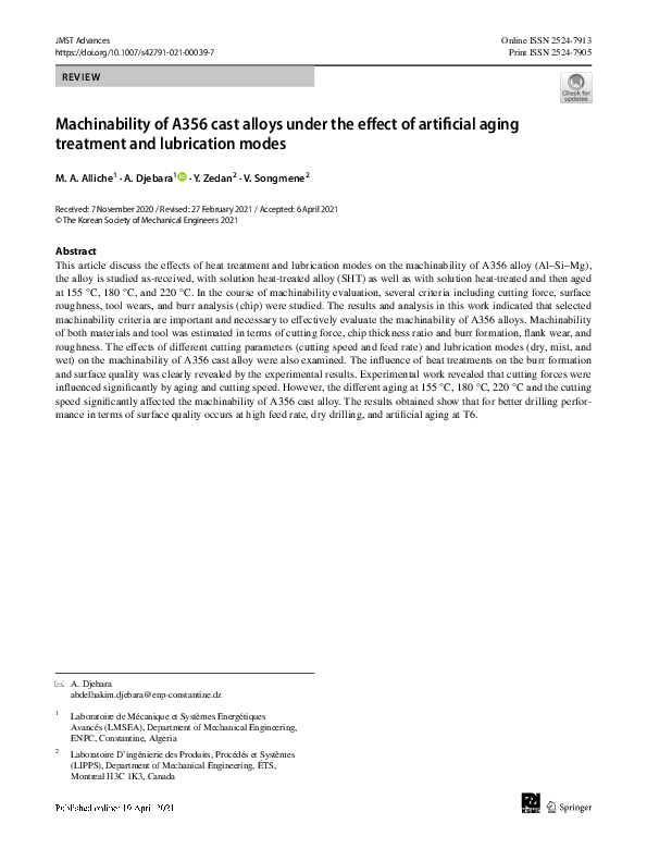 (PDF) Machinability of A356 cast alloys under the effect of artificial ...