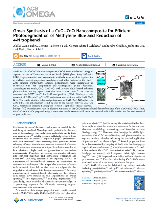 (PDF) Green Synthesis of a CuO–ZnO Nanocomposite for Efficient Photodegradation of Methylene ...