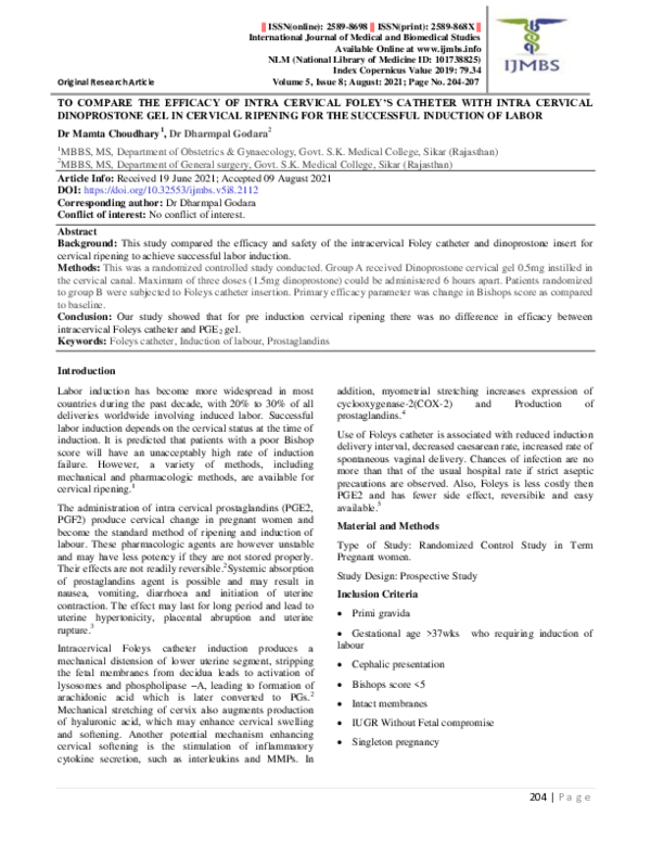 (PDF) To Compare the Efficacy of Intra Cervical Foley’s Catheter with ...