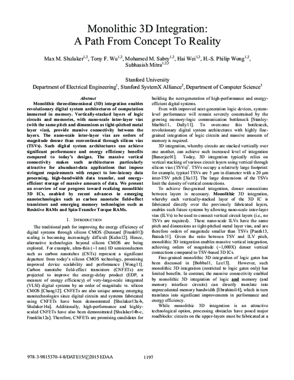 (PDF) Monolithic 3D Integration: A Path from Concept to Reality