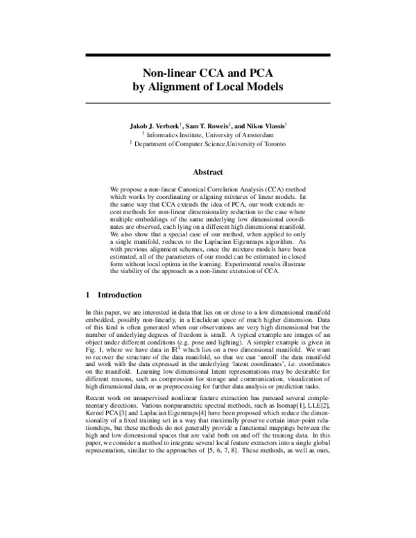 (PDF) Non-linear CCA and PCA by alignment of local models