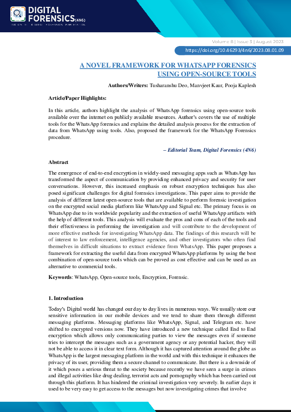 (PDF) A NOVEL FRAMEWORK FOR WHATSAPP FORENSICS USING OPEN-SOURCE TOOLS (PDF) A NOVEL FRAMEWORK FOR WHATSAPP FORENSICS USING OPEN-SOURCE TOOLS