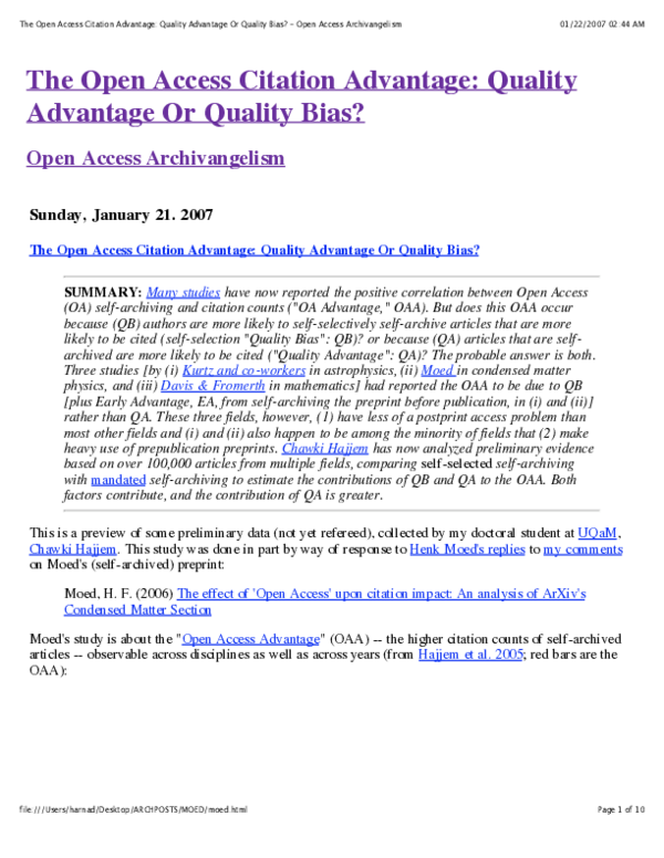 (PDF) The Open Access Citation Advantage: Quality Advantage Or Quality ...