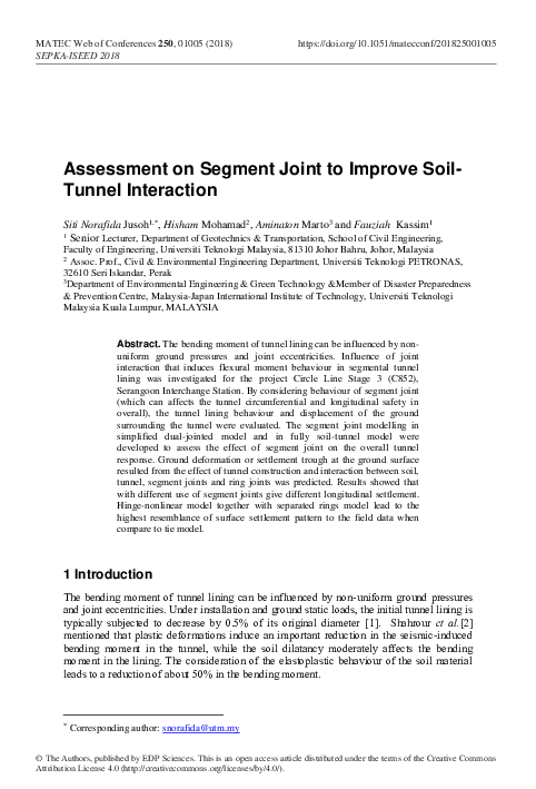(PDF) Assessment on Segment Joint to Improve Soil-Tunnel Interaction