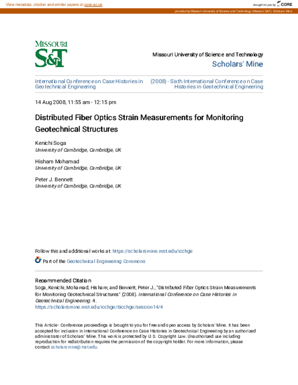 Pdf Distributed Fiber Optics Strain Measurements For Monitoring Geotechnical Structures