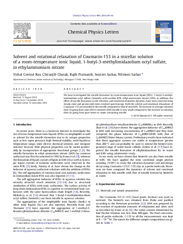 (PDF) Solvent and rotational relaxation of Coumarin-153 in a micellar ...