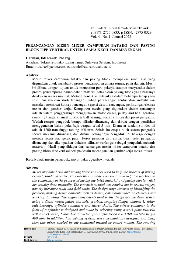 (PDF) Perancangan Mesin Mixer Campuran Batako Dan Paving Block Tipe ...