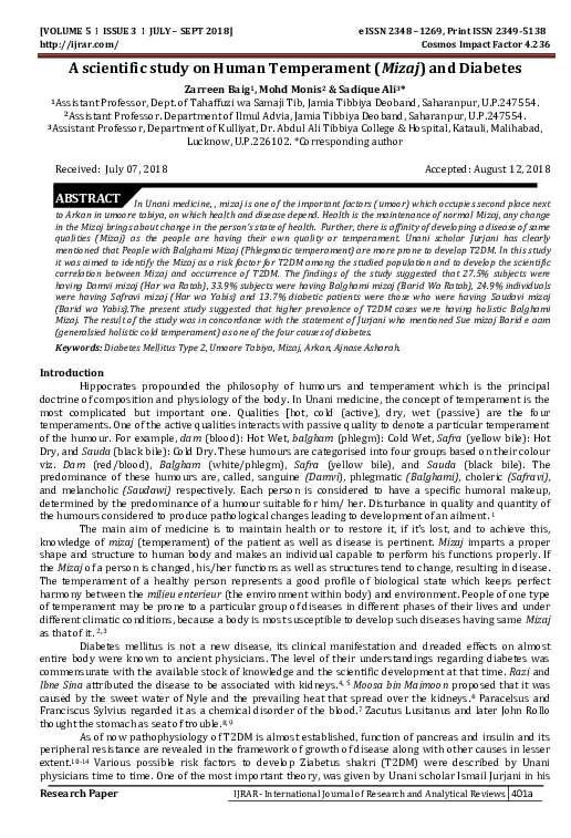(PDF) A scientific study on Human Temperament (Mizaj) and Diabetes