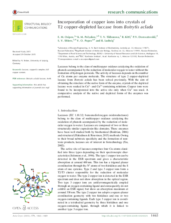 (PDF) Incorporation of copper ions into crystals of T2 copper-depleted ...