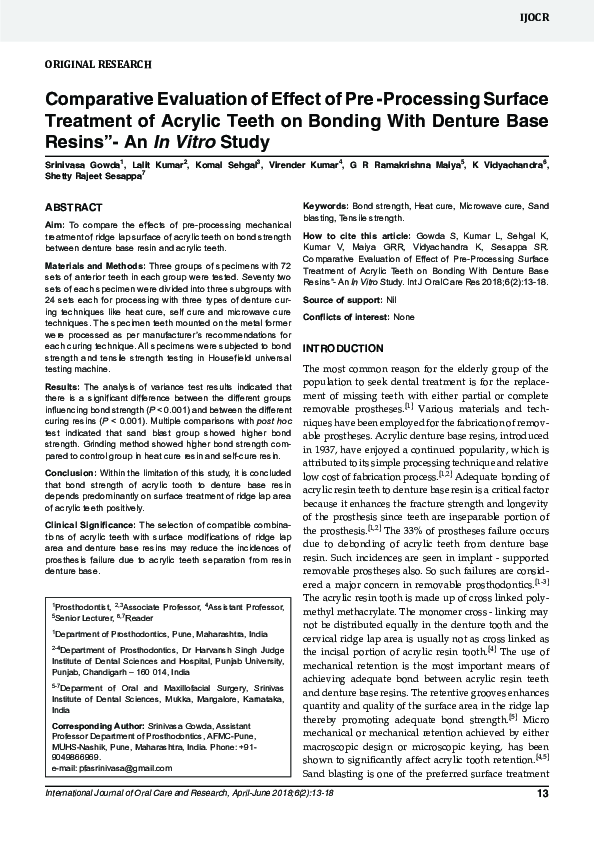 (PDF) Comparative Evaluation of Effect of Pre -Processing Surface Treatment of Acrylic Teeth on ...