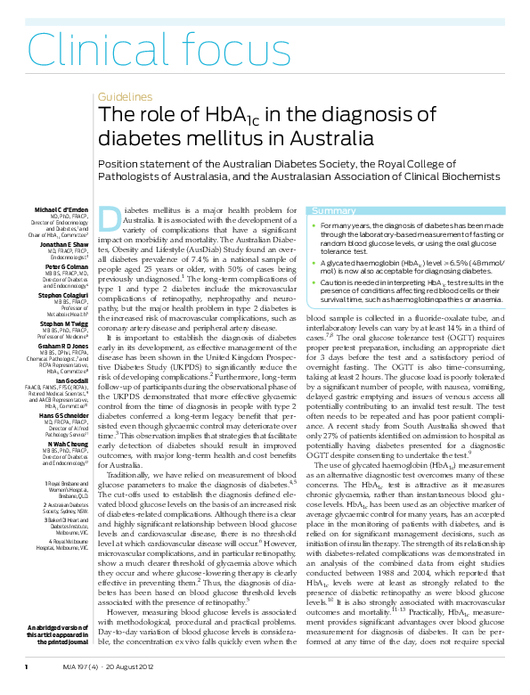 (PDF) The role of HbA1c in the diagnosis of diabetes mellitus in Australia