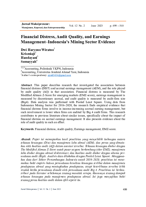 (PDF) Financial Distress, Audit Quality, and Earnings Management–Indonesia's Mining Sector Evidence