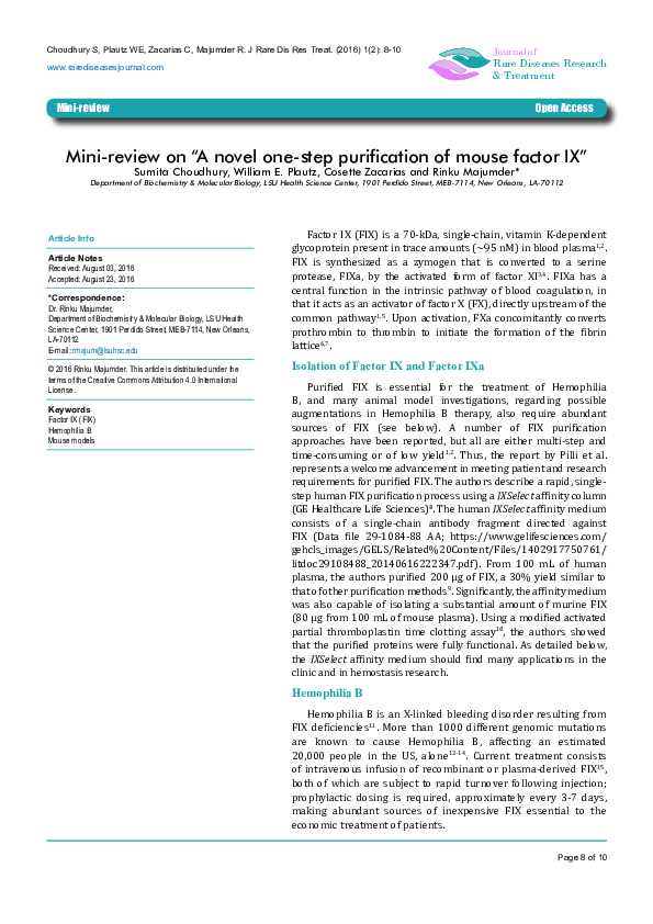 (PDF) Mini-review on "A novel one-step purification of mouse factor IX