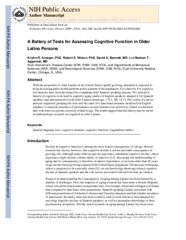 (PDF) A Battery of Tests for Assessing Cognitive Function in Older ...