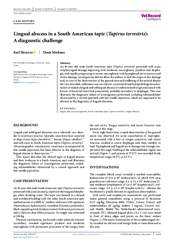 (PDF) Lingual abscess in a South American tapir (Tapirus terrestris): A ...