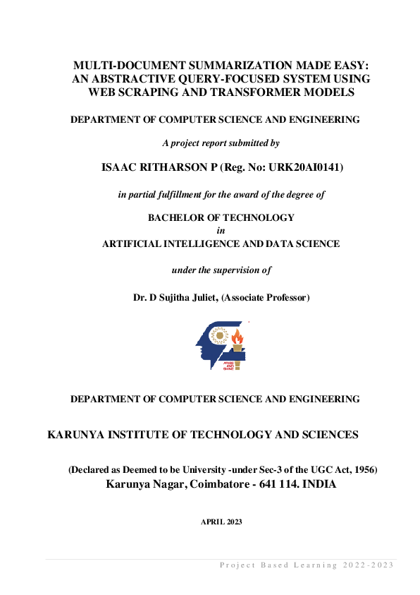 (PDF) Project Based Learning 2022-2023 MULTI-DOCUMENT SUMMARIZATION MADE EASY: AQF-MDS TOOL