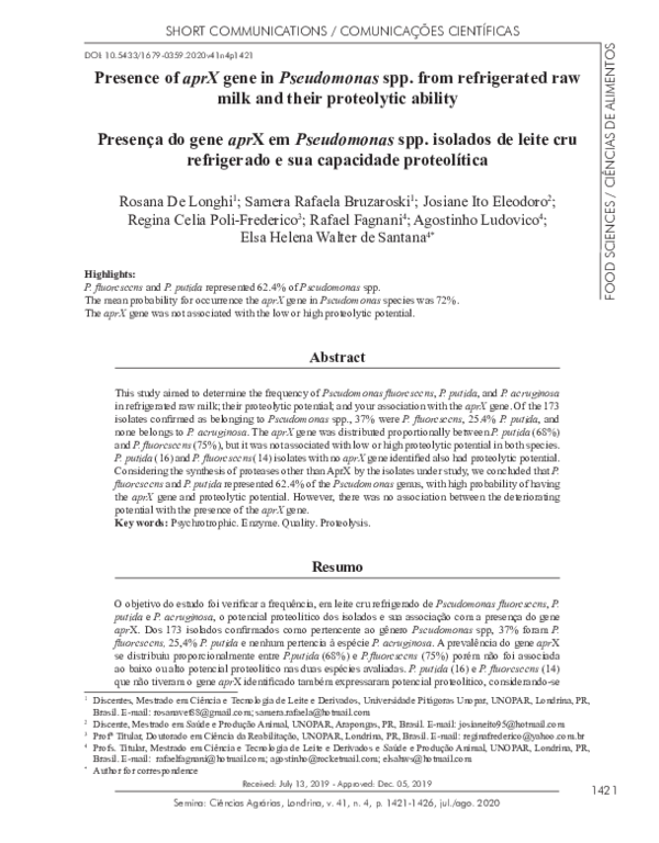 (PDF) Presence of aprX gene in Pseudomonas spp. from refrigerated raw ...