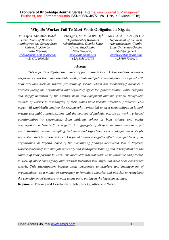 (PDF) Why Do Worker Fail To Meet Work Obligation in Nigeria