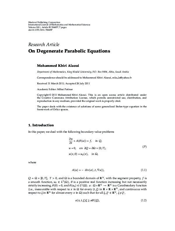 Pdf On Degenerate Parabolic Equations