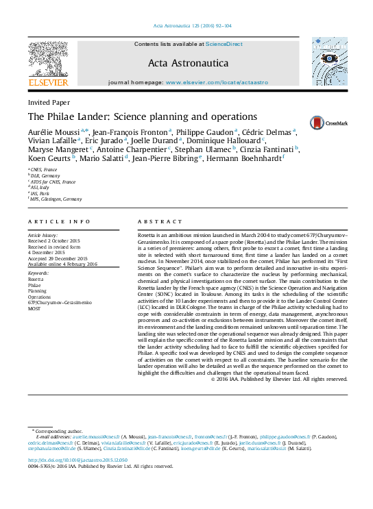 (PDF) The Philae Lander: Science planning and operations