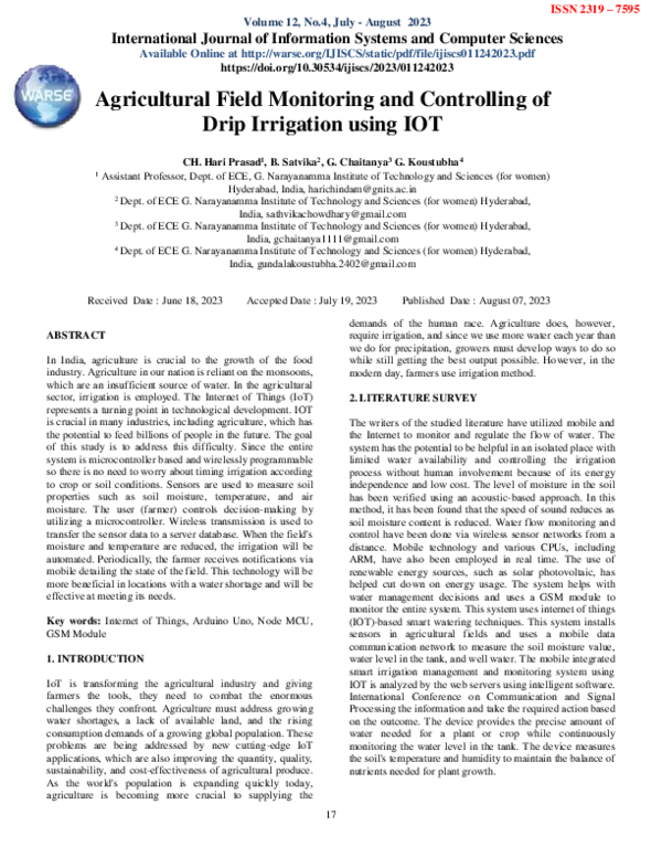 (PDF) Agricultural Field Monitoring and Controlling of Drip Irrigation using IOT