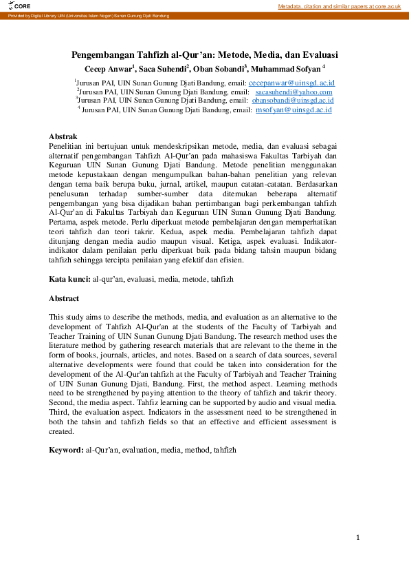 (PDF) Pengembangan tahfizh Al-Qur'an: metode, media, dan evaluasi