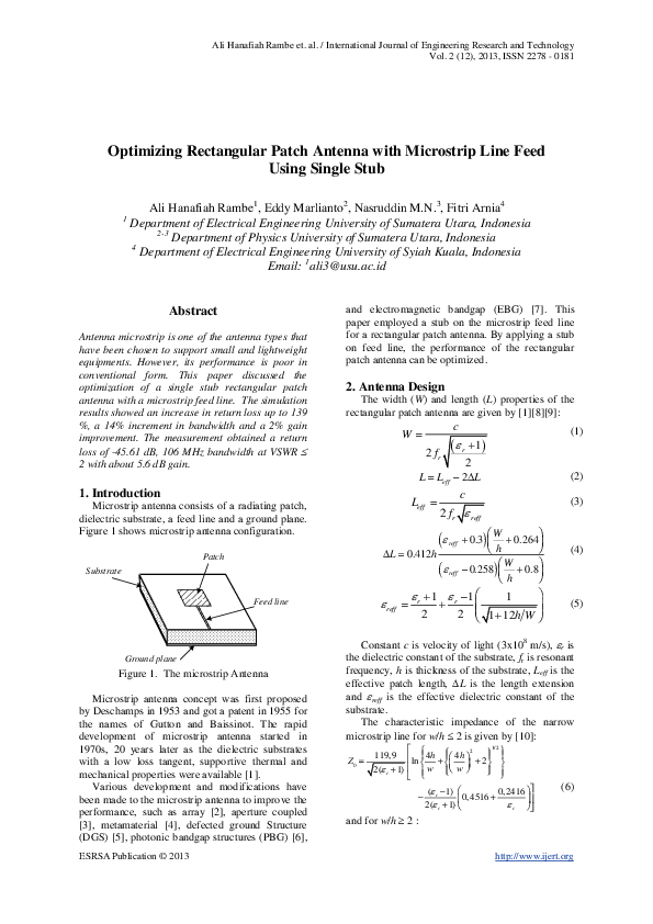 (PDF) Optimizing Rectangular Patch Antenna with Microstrip Line Feed Using Single Stub