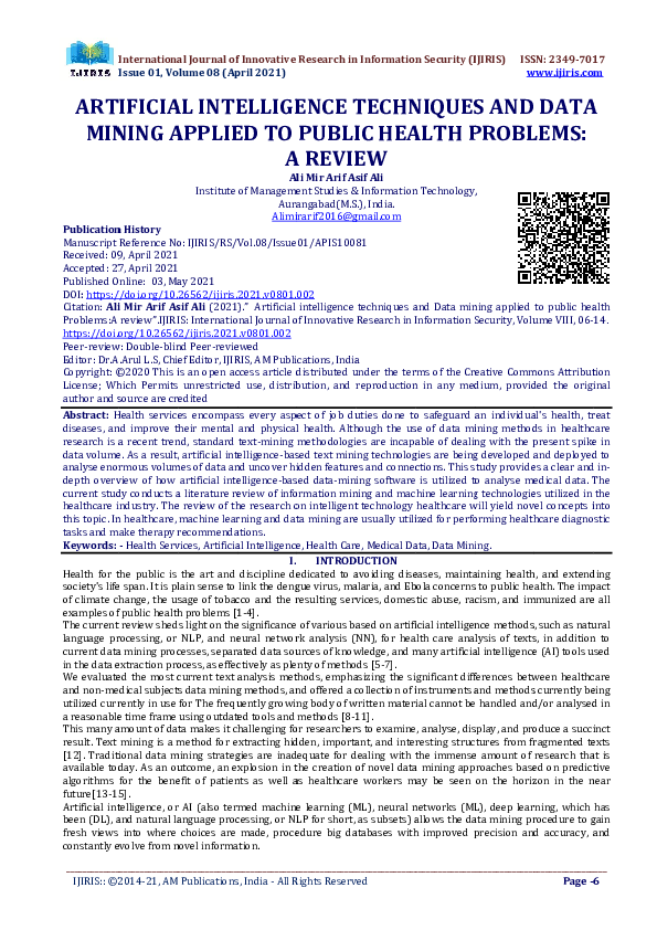 (PDF) ARTIFICIAL INTELLIGENCE TECHNIQUES AND DATA MINING APPLIED TO PUBLIC HEALTH PROBLEMS: A REVIEW