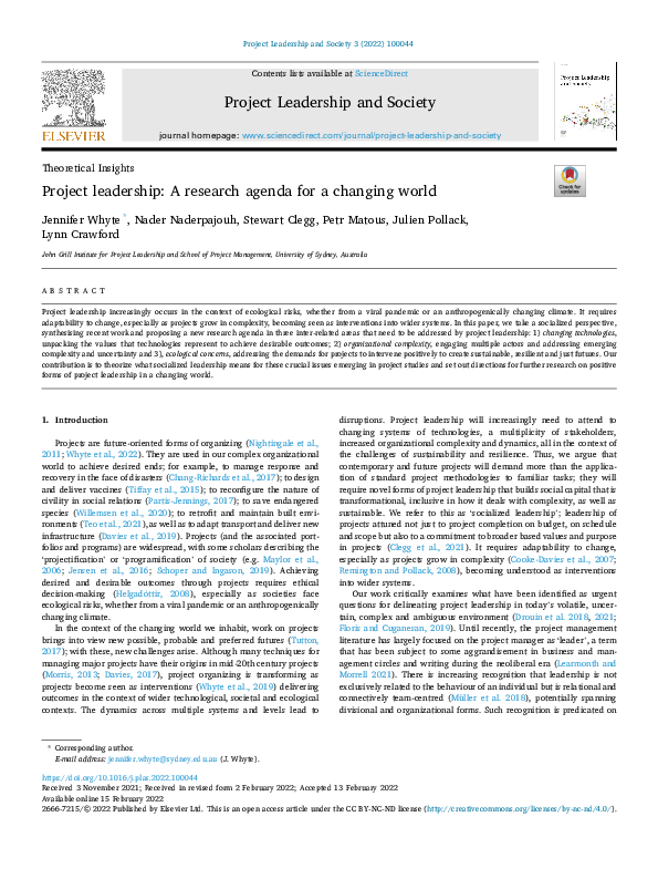 (PDF) Project leadership: A research agenda for a changing world