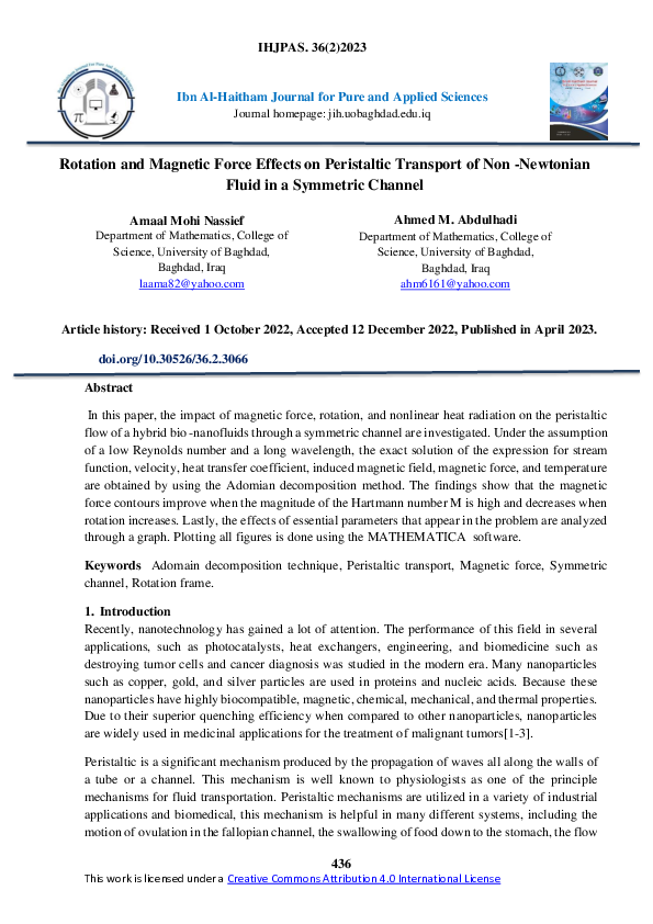 (PDF) Rotation and Magnetic Force Effects on Peristaltic Transport of Non -Newtonian Fluid in a ...