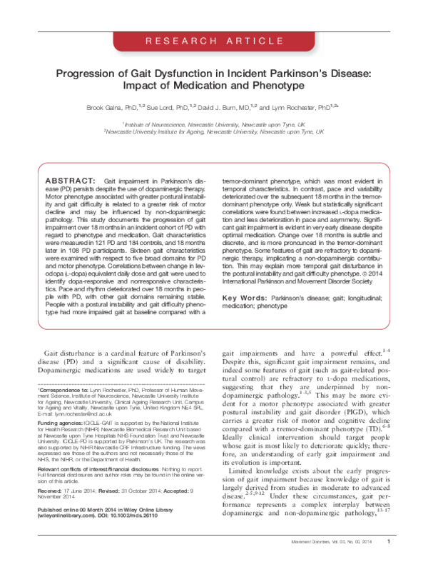 (PDF) Progression of gait dysfunction in incident Parkinson's disease: Impact of medication and ...