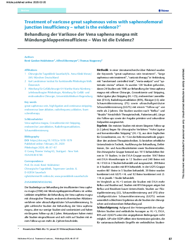 (PDF) Treatment of varicose great saphenous veins with saphenofemoral ...