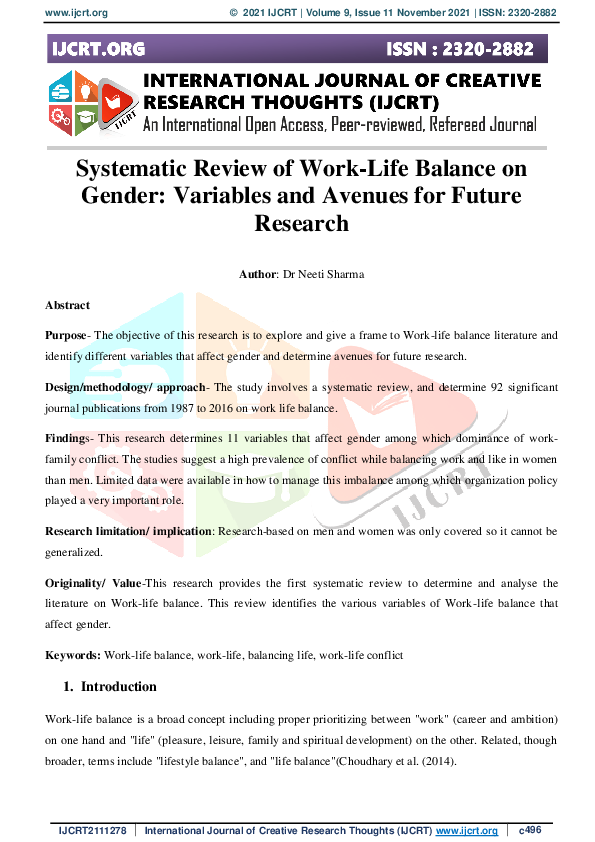 (PDF) Systematic Review of Work-Life Balance on Gender: Variables and ...