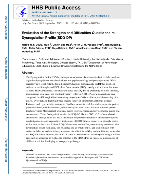 (PDF) Evaluation of the Strengths and Difficulties Questionnaire ...