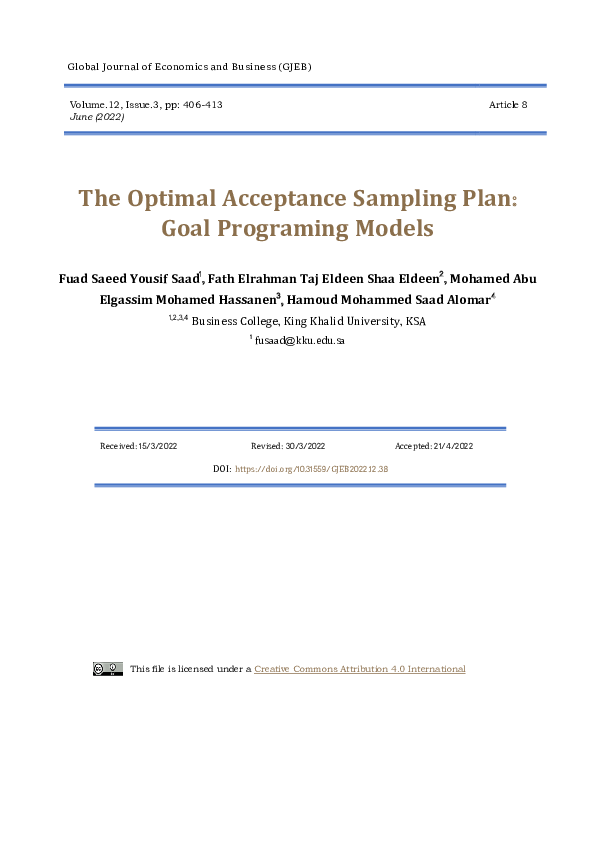 (PDF) The Optimal Acceptance Sampling Plan: Goal Programing Models