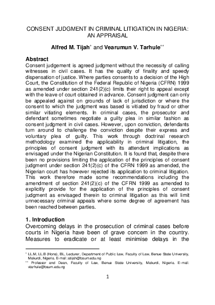 (PDF) CONSENT JUDGMENT IN CRIMINAL LITIGATION IN NIGERIA: AN APPRAISAL