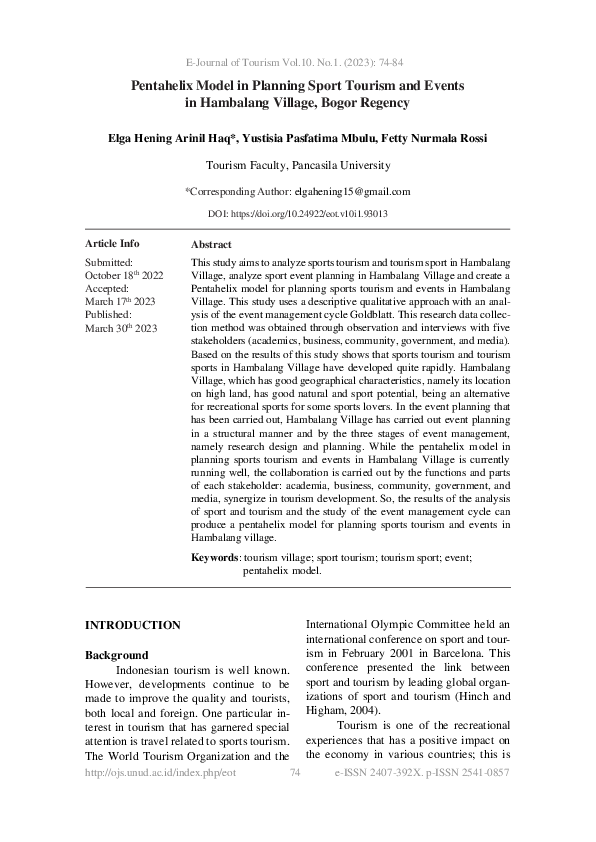 (PDF) Pentahelix Model in Planning Sport Tourism and Events in Hambalang Village, Bogor Regency
