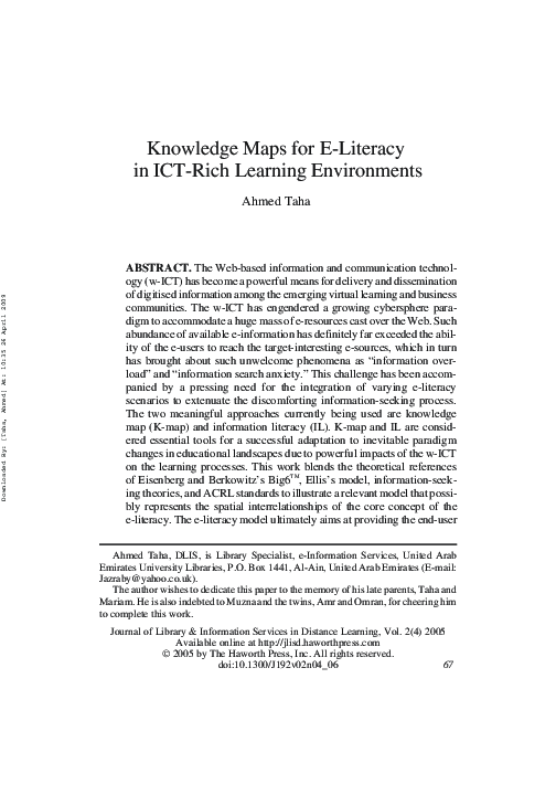 (PDF) Knowledge Maps for E-Literacy in ICT-Rich Learning Environments | Ahmed Taha - Academia.edu