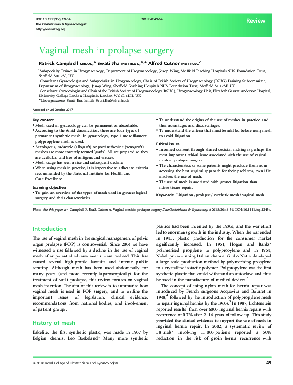 (PDF) Vaginal mesh in prolapse surgery