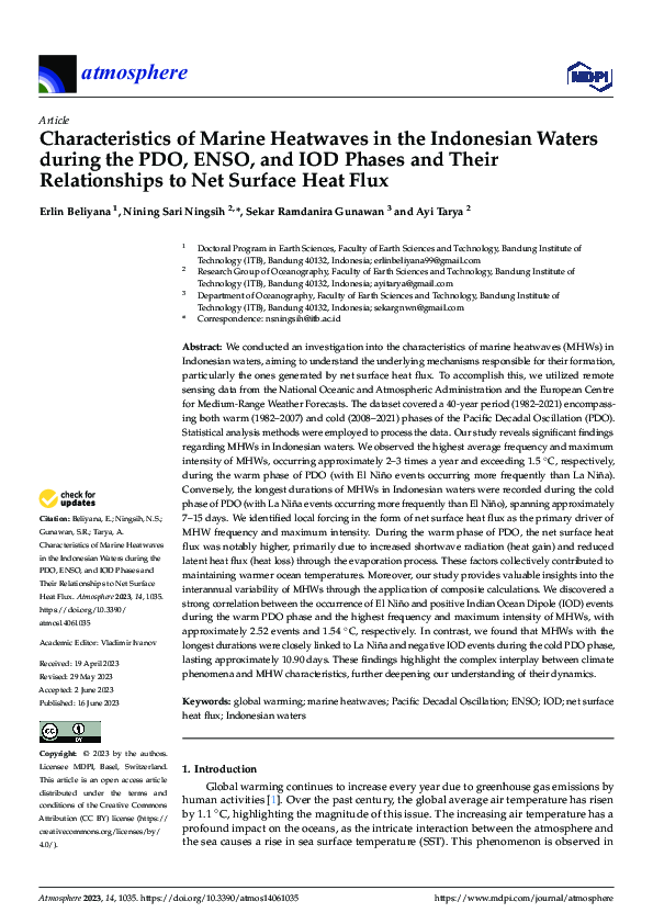 Pdf Characteristics Of Marine Heatwaves In The Indonesian Waters During The Pdo Enso And Iod