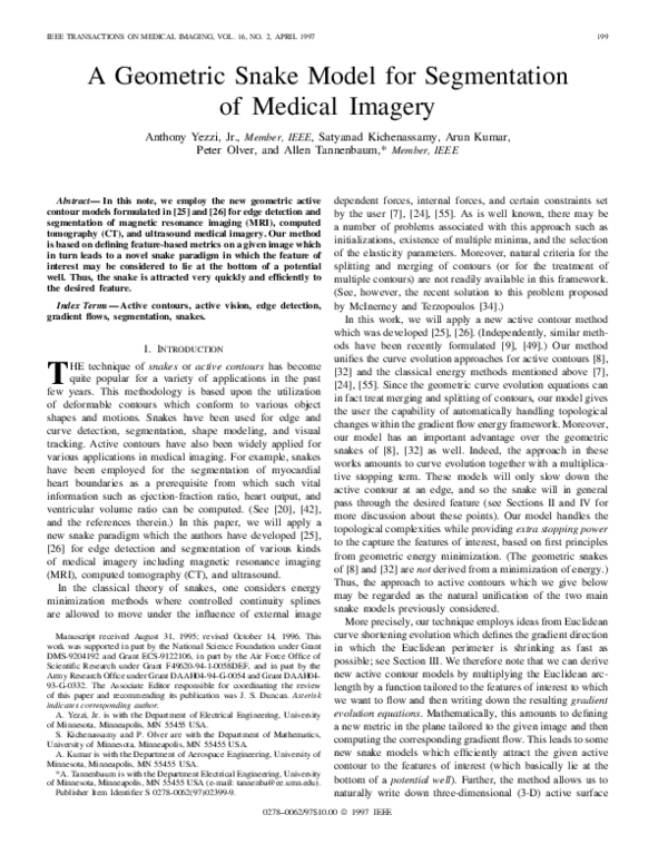 (PDF) A geometric snake model for segmentation of medical imagery
