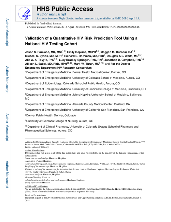 (PDF) Validation of a Quantitative HIV Risk Prediction Tool Using a ...