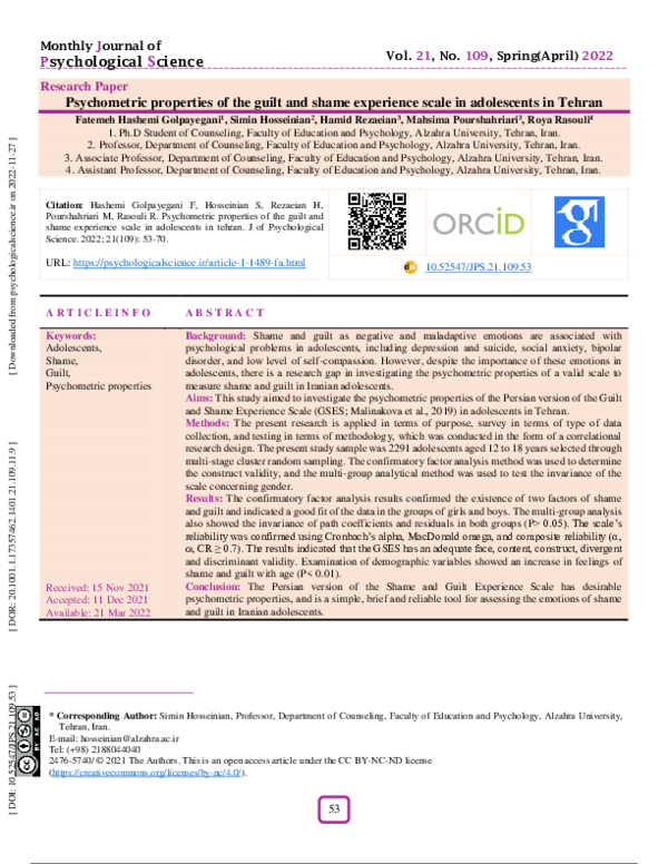 (PDF) Psychometric properties of the guilt and shame experience scale ...
