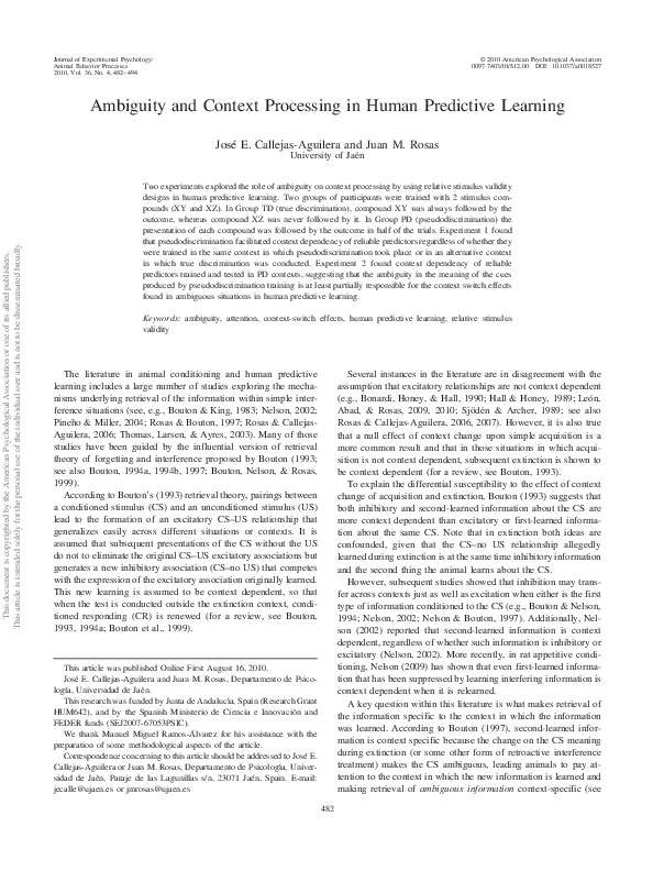 (PDF) Ambiguity Effects on Context in Predictive Learning